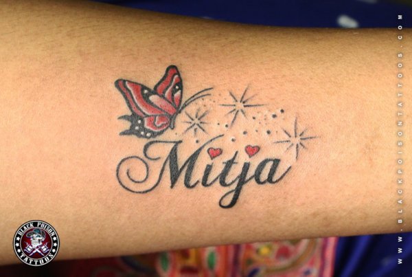Butterfly with Name Tattoo - Black Poison Tattoos