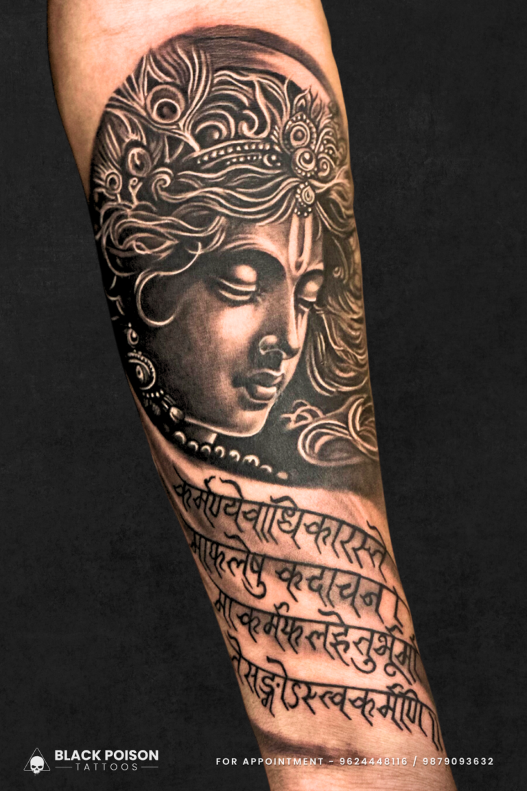 Krishna Tattoo with Sanskrit Shloka – Divine Spiritual Arm Tattoo Design